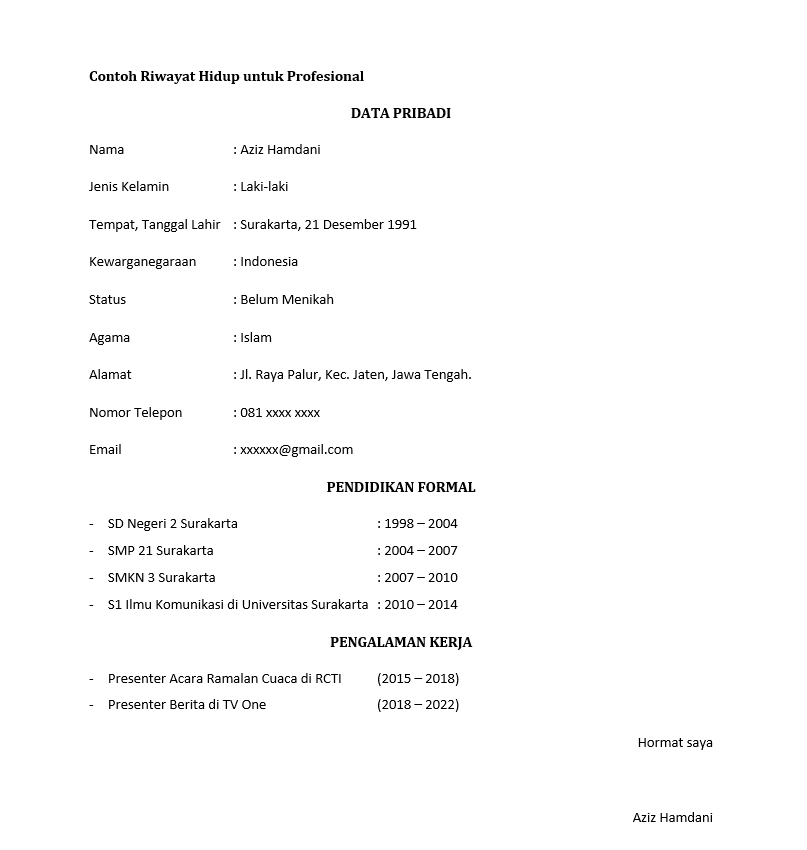 Contoh Daftar Riwayat Hidup untuk Fresh Graduated dan Profesional ...